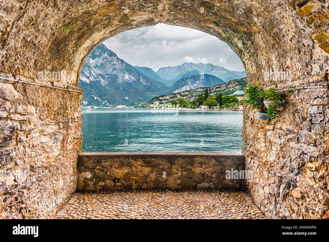 Rock balcony overlooking Lake Garda from Torbole town, Italy Stock ...