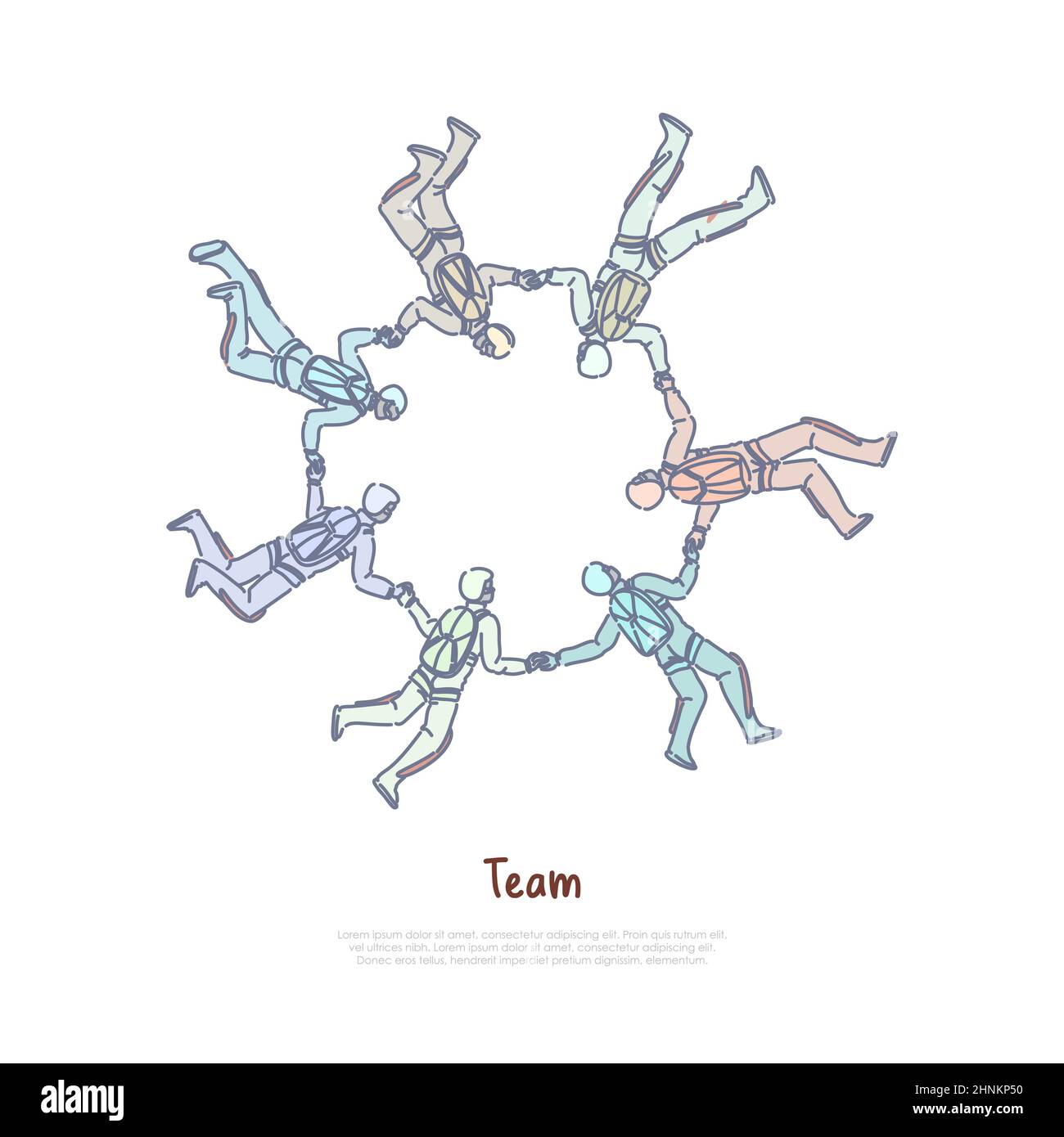 Parachuting group, friends holding hands in free falling, active ...