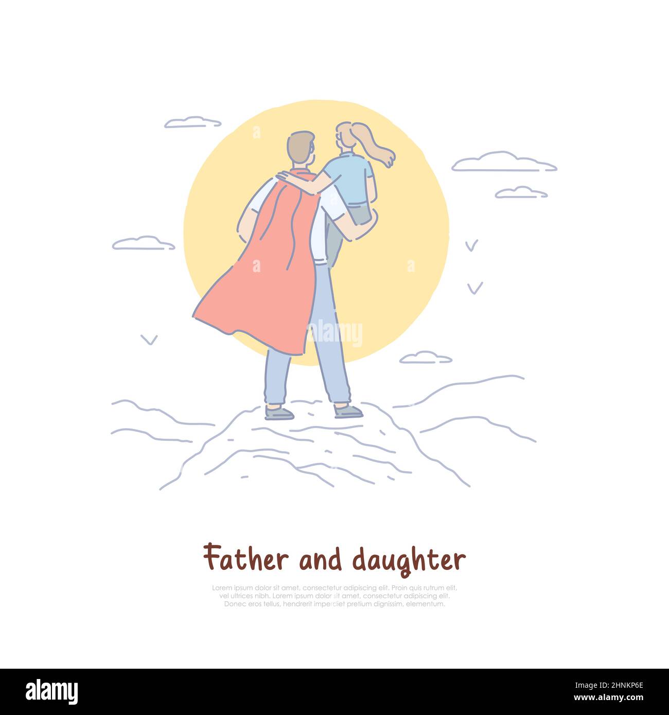 Super dad holding kid in arms back view, young man in cloak with child ...