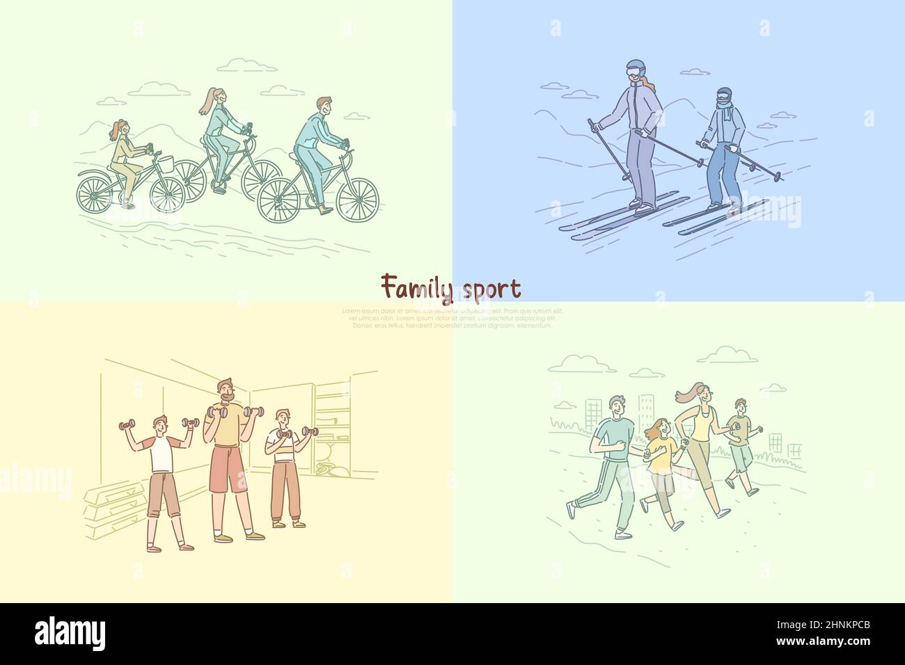 Family exercising together, parents with children jogging, riding ...
