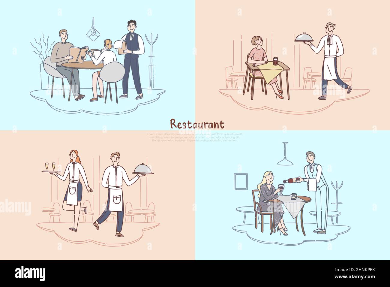 Restaurant staff, cafe waiter and waitress serving, customers making ...