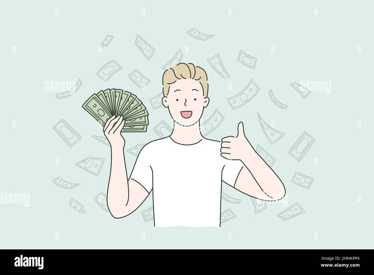 Passive income, profit, cashback concept. Guy or man holding dollars ...