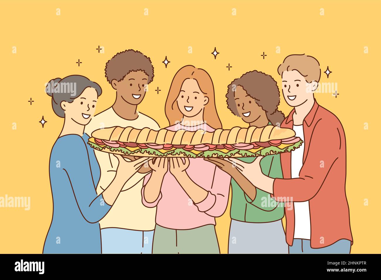 Food, friendship, togetherness, happiness, hunger concept. Group of ...