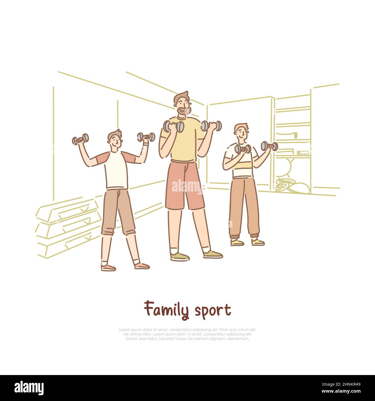 Family sport, father with sons lifting weights, healthy lifestyle ...