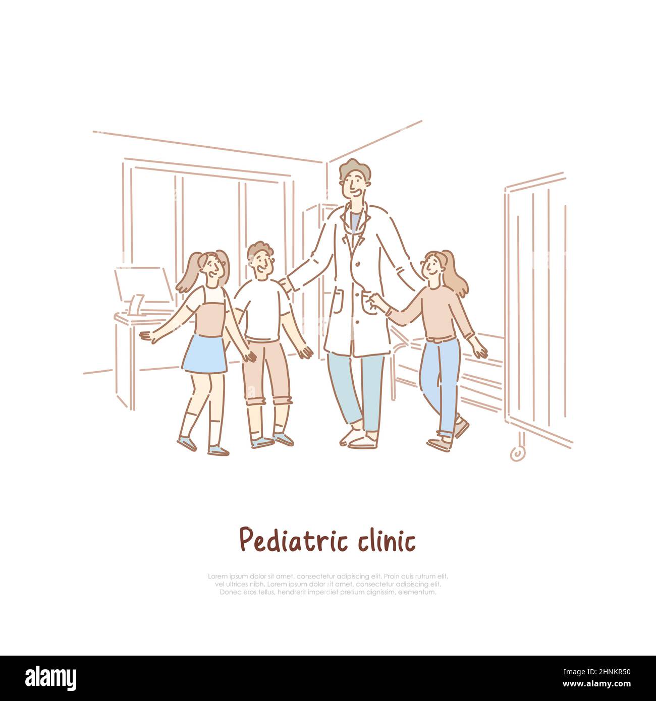 Smiling doctor in white coat and happy kids standing together, health ...