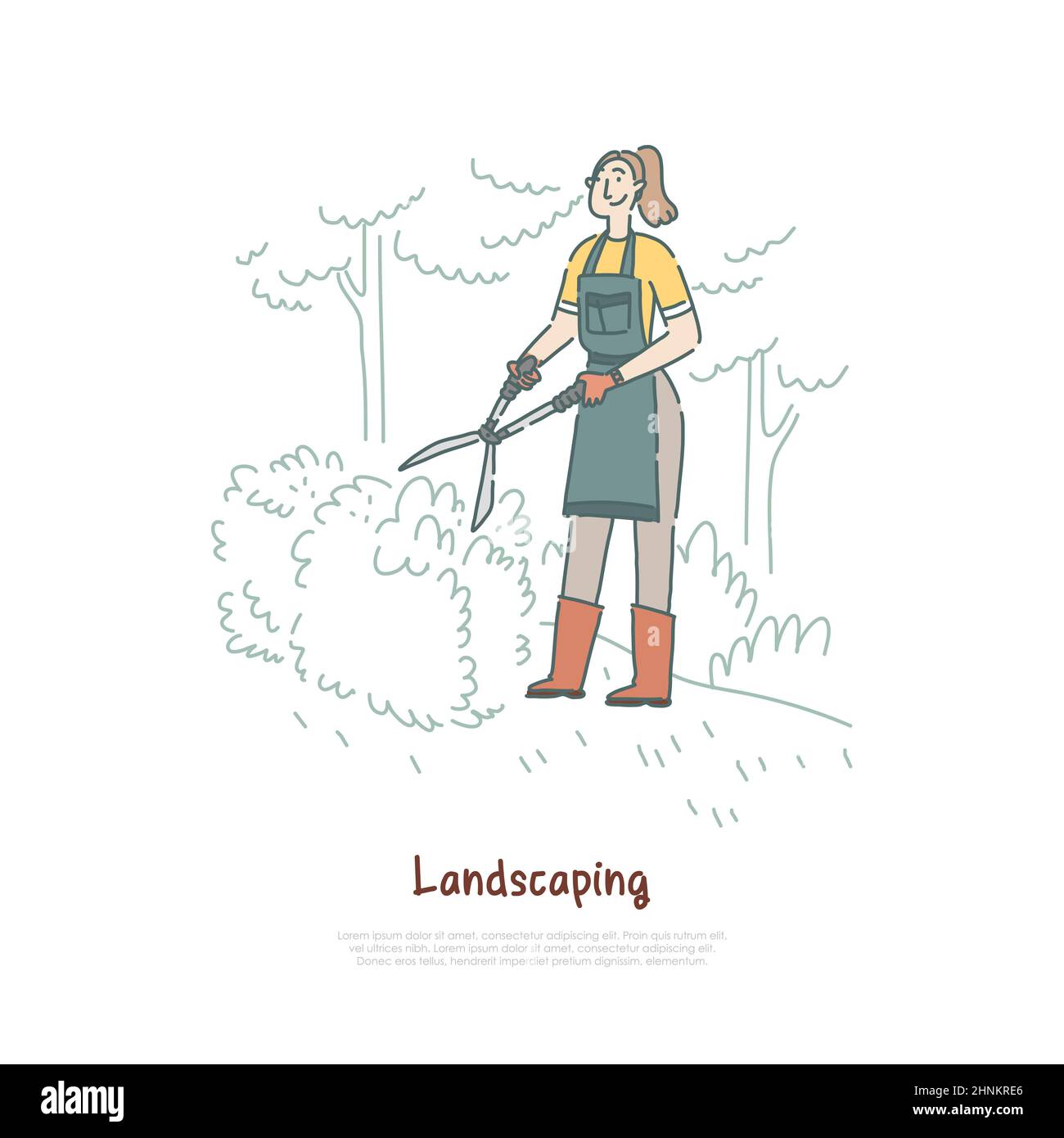 Gardener trimming bushes, woman cutting trees, shrub in backyard ...