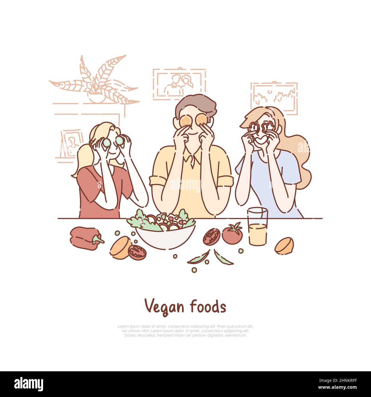 Family eating vegan food, healthy lifestyle, vegetarians cooking dinner ...