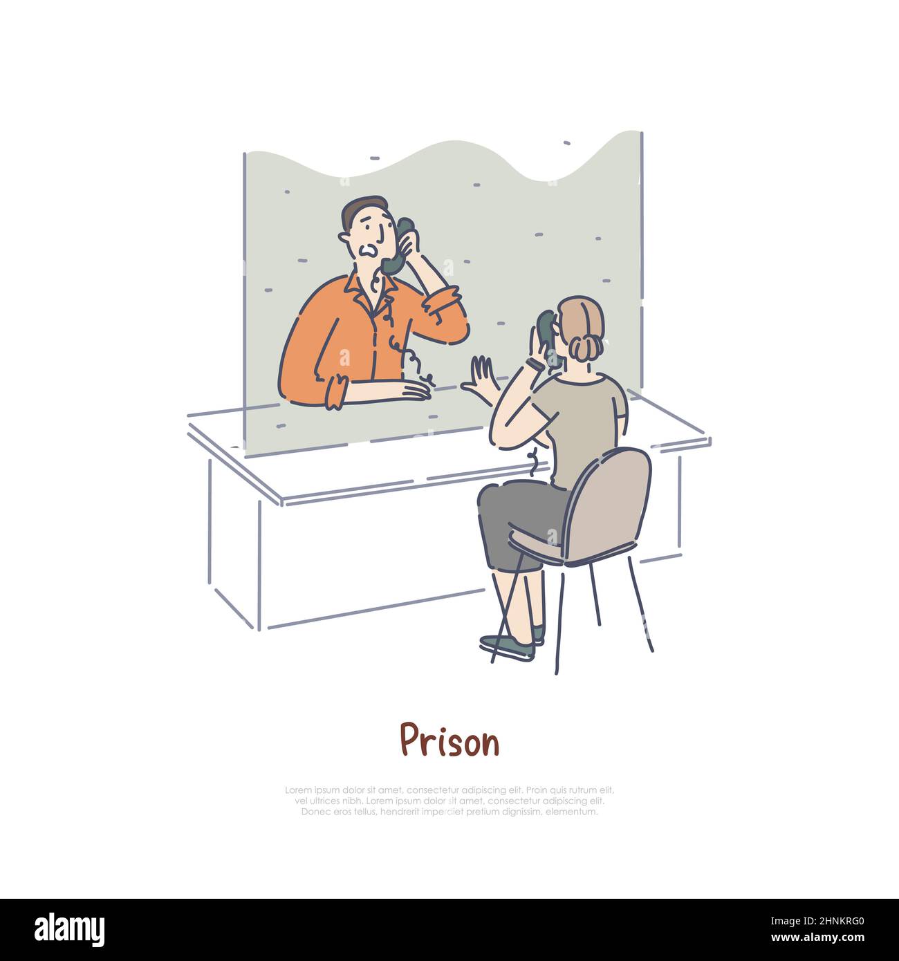 Prison visiting room, woman communicating with inmate on phone ...