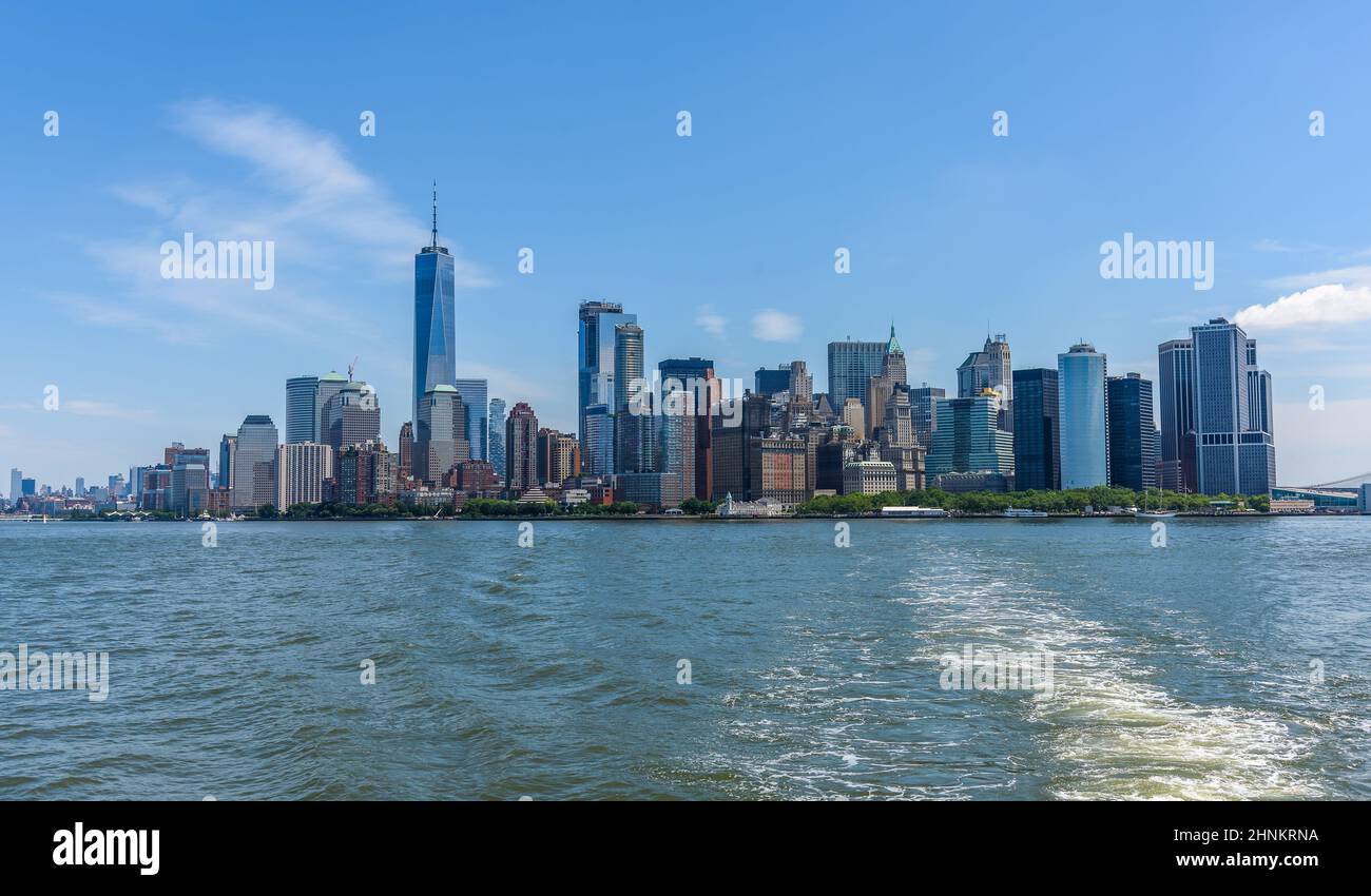 View of the skyline of Lower Manhattan from the Upper Bay Stock Photo ...