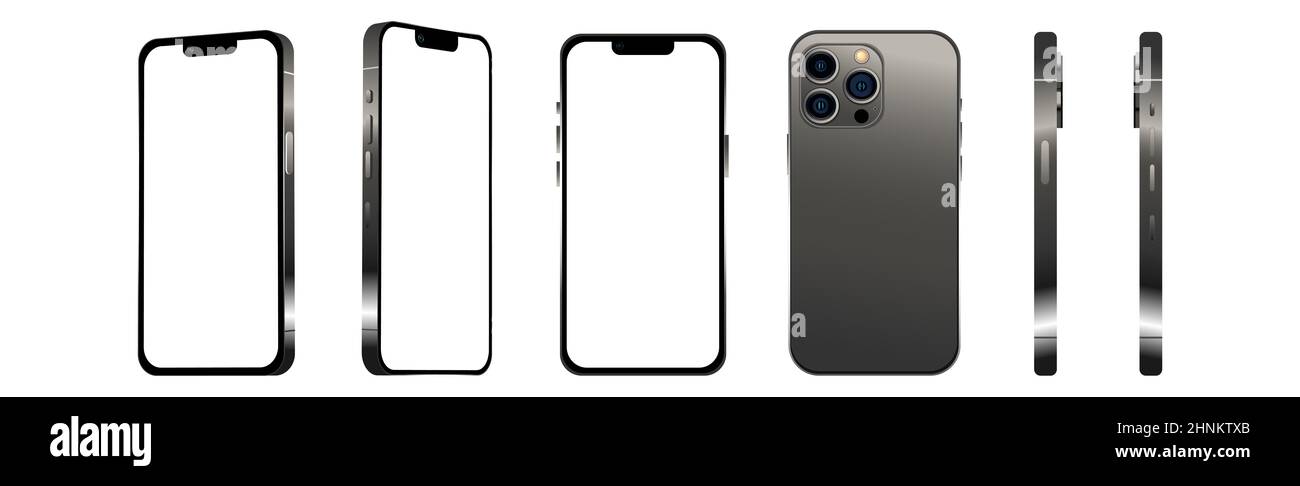 Black modern smartphone mobile phone in 6 different angles on a white ...