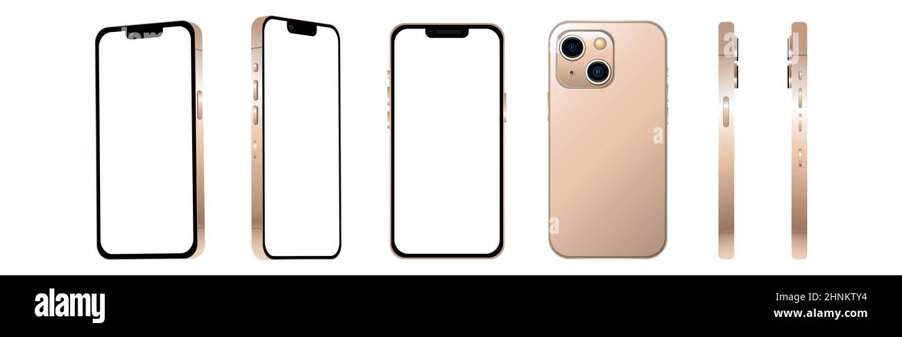 Golden modern smartphone mobile phone in 6 different angles on a white ...