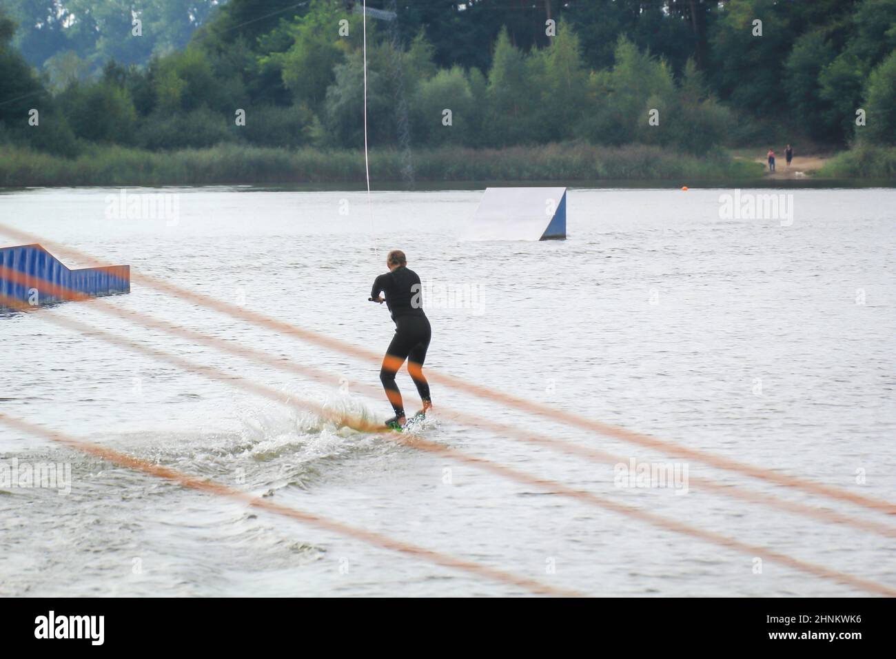 View of a water ski facility with jumps and other obstacles Stock Photo ...