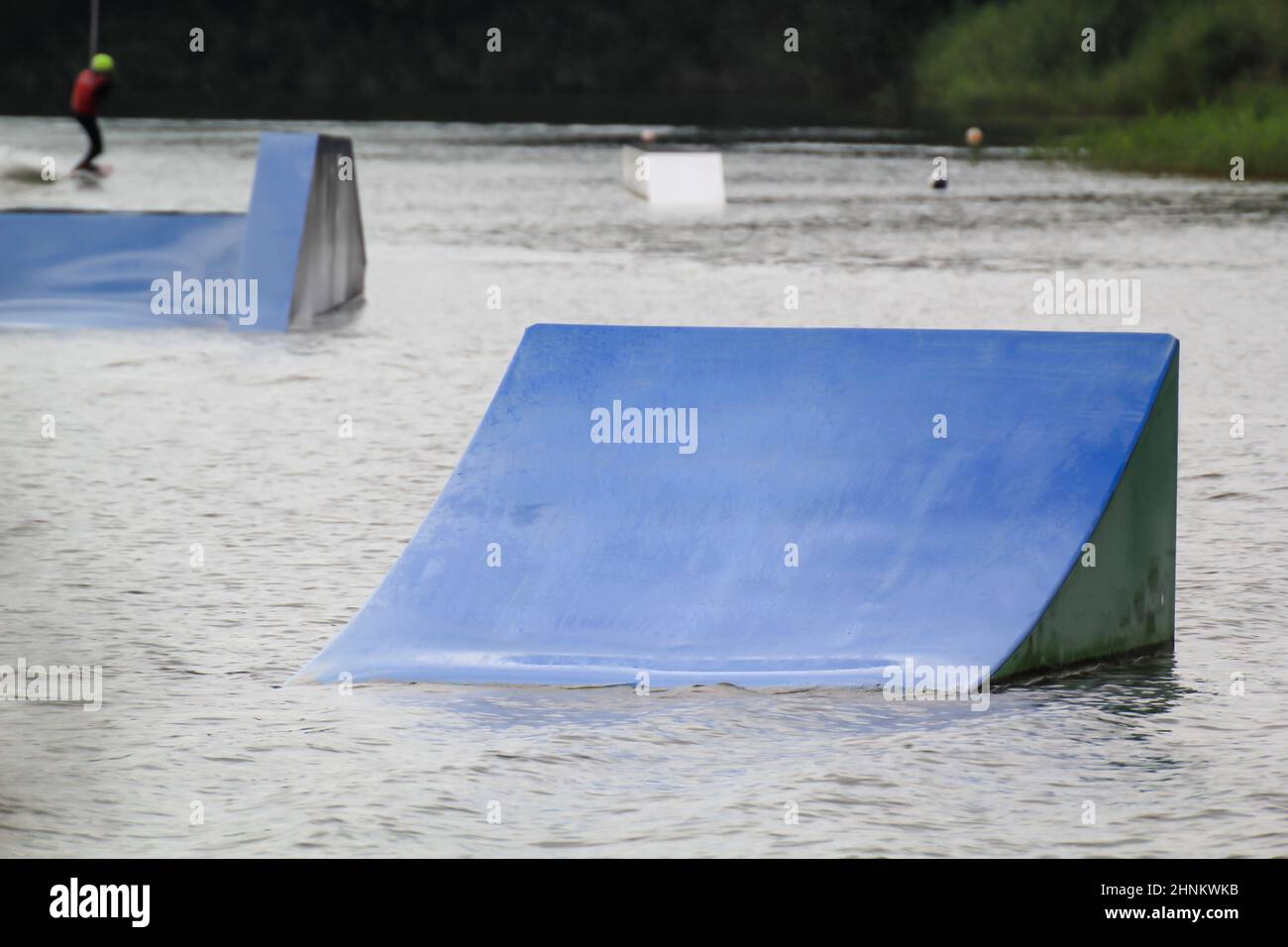 View of a water ski facility with jumps and other obstacles Stock Photo ...