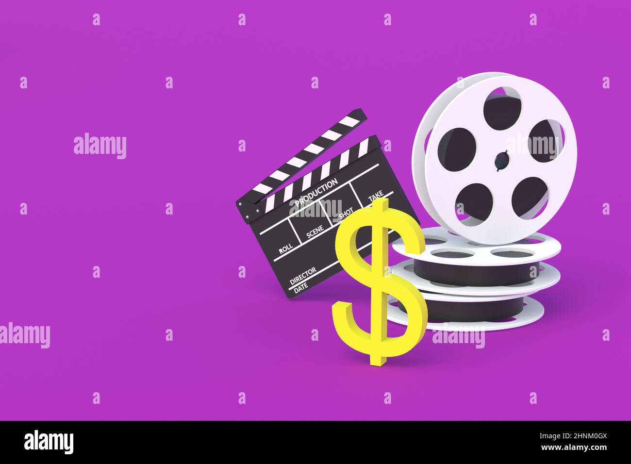 Symbol of dollar near clapperboard and film reel. Investing in the film ...