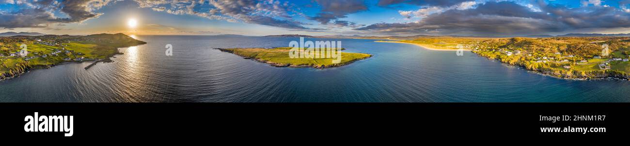 Aerial view of Portnoo harbour and Inishkeel Island in County Donegal ...