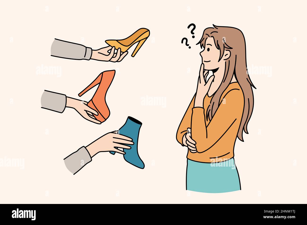 Difficult choice and variety concept. Young frustrated woman cartoon ...