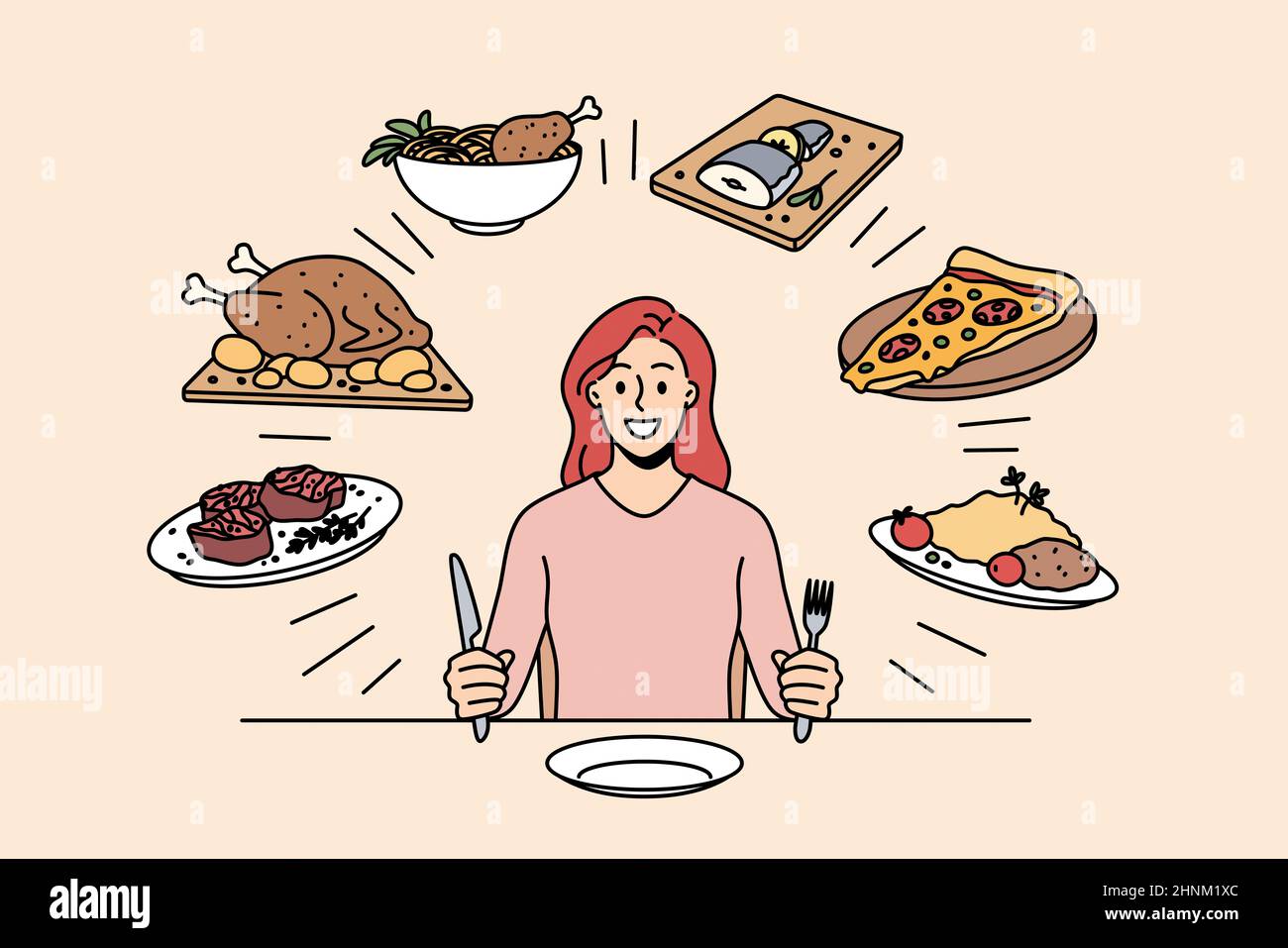 Food and nutriment choice concept. Young smiling woman cartoon ...