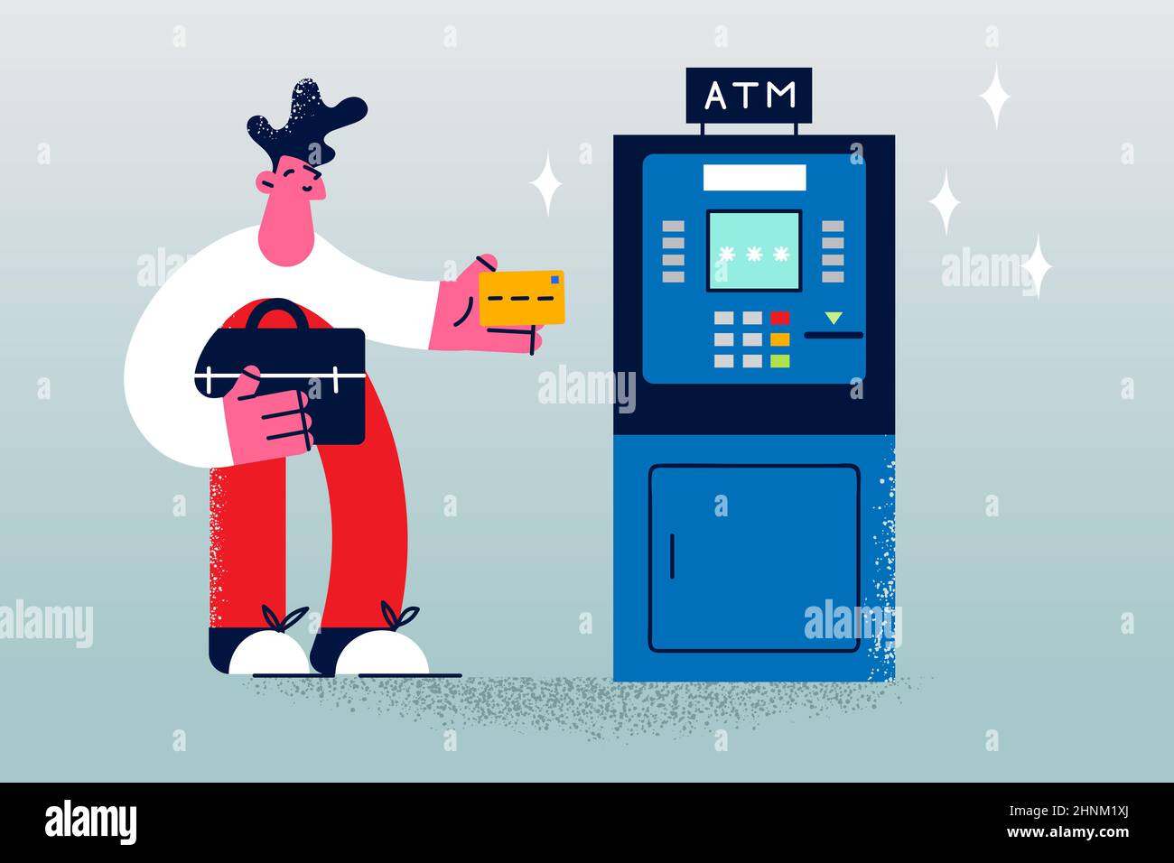 Withdrawal cash money in atm concept. Young man cartoon character standing holding credit card ...