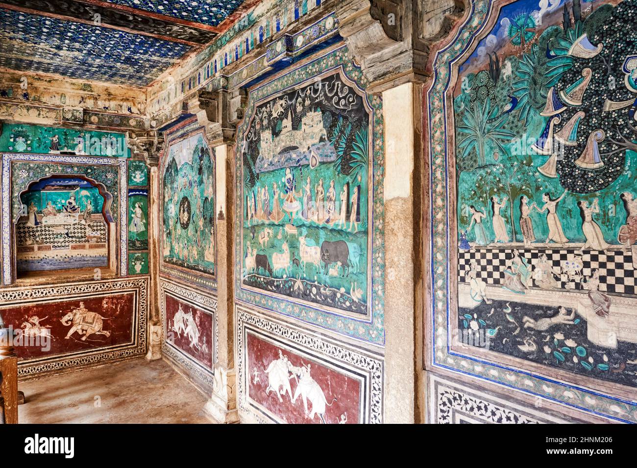 India Rajasthan Bundi. Decorations and paintings at Taragarh Fort Stock ...