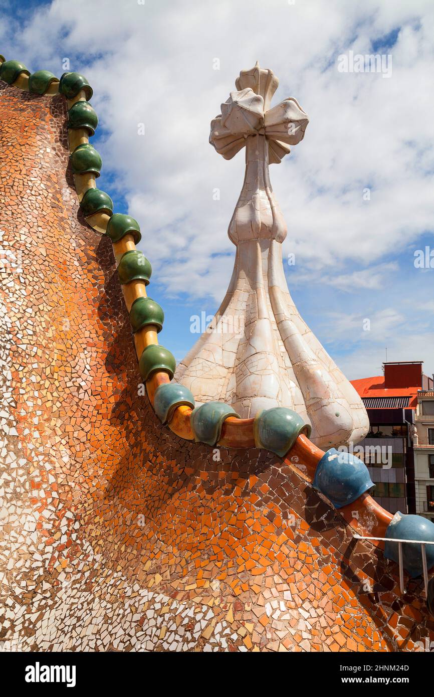 Casa Batllo, housetop , chimneys with ceramic mosaic, Barcelona, Spain ...
