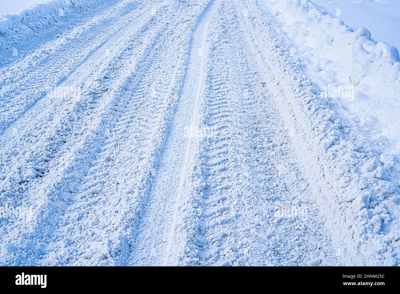 Texture of a snowy road with traces of car tires. Winter driving ...