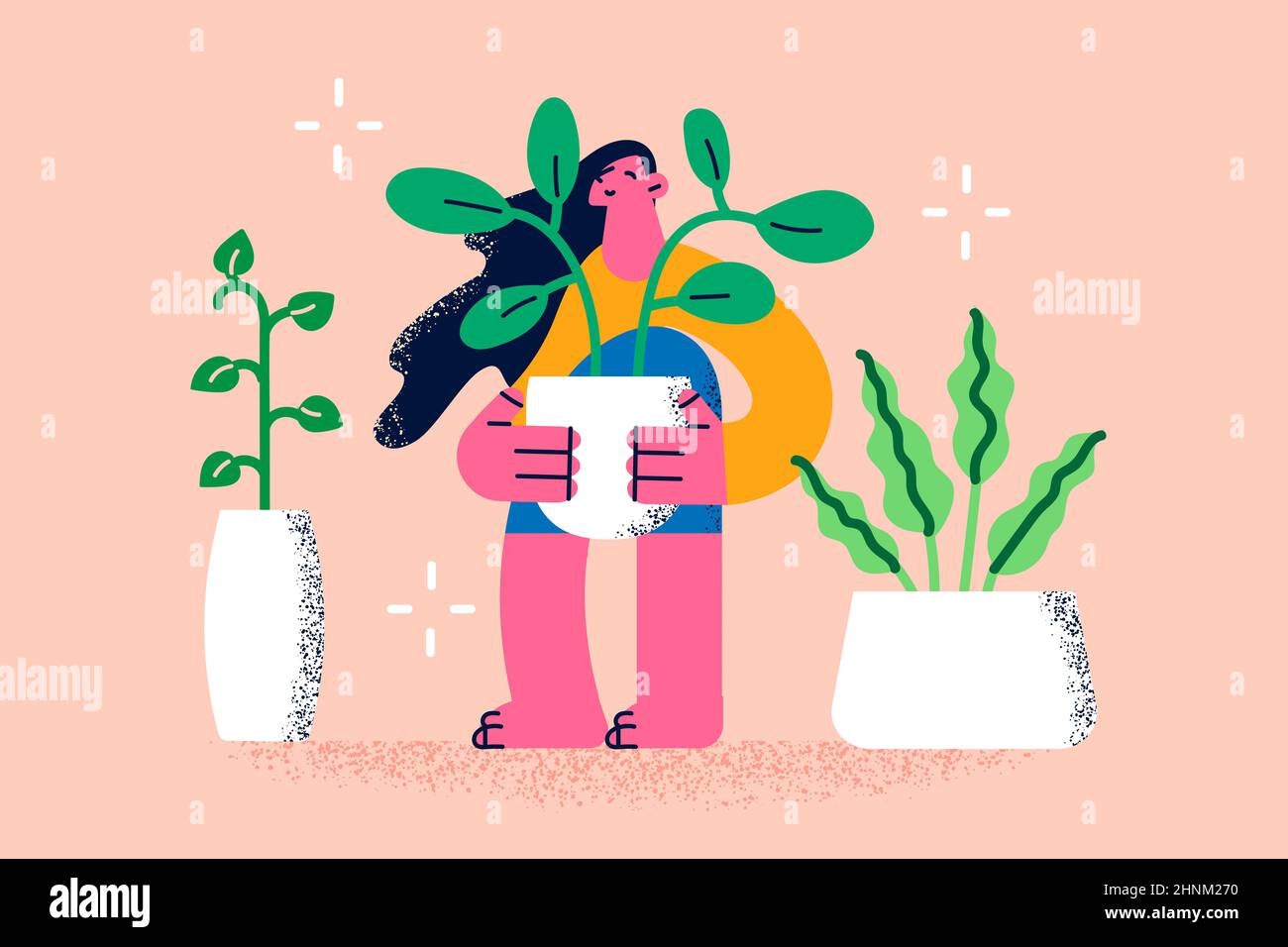 Growing plants and home flowers concept. Young smiling woman cartoon ...