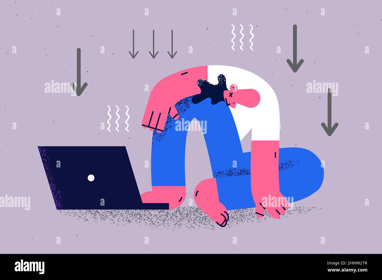 Depression and bad news online concept. Young sad man cartoon character ...