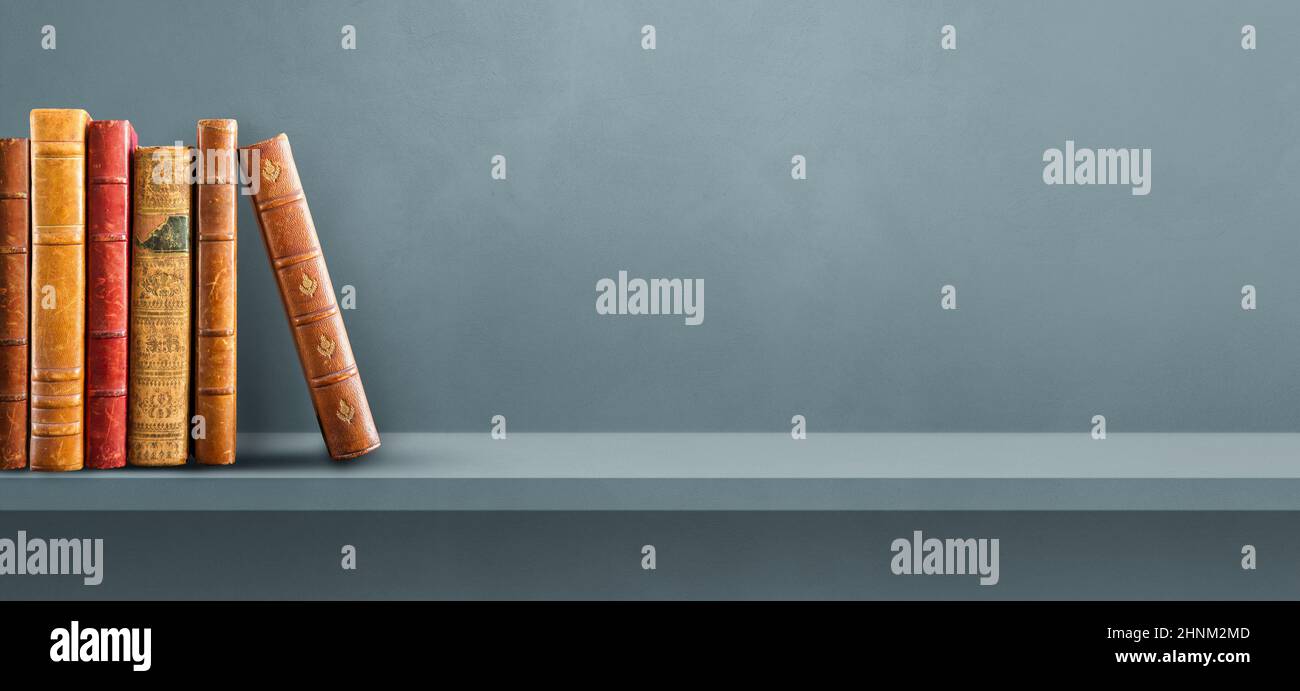 Row of old books on grey shelf. Background banner Stock Photo - Alamy