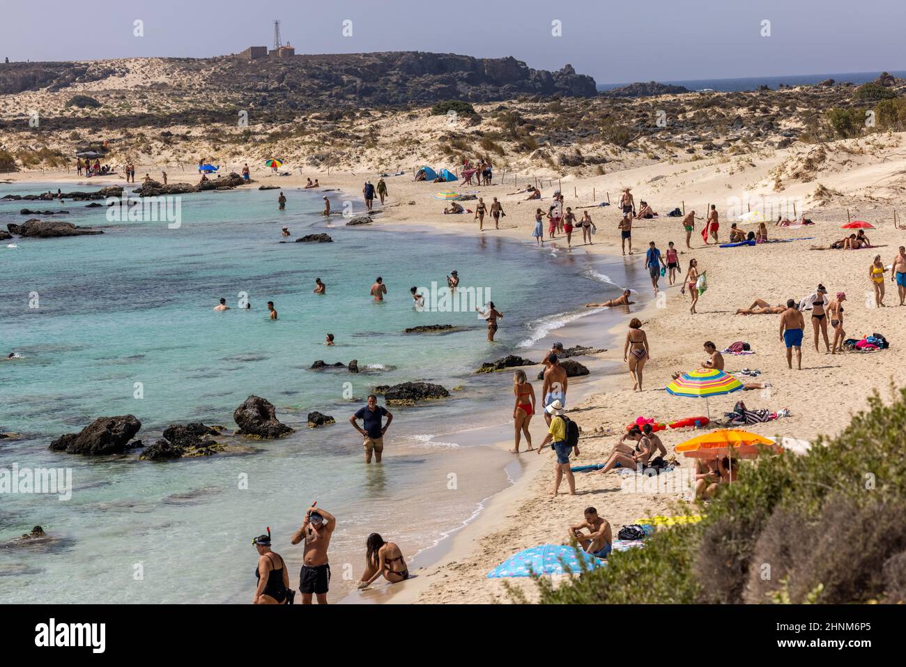 People relaxing on the famous pink coral beach of Elafonisi on Crete ...