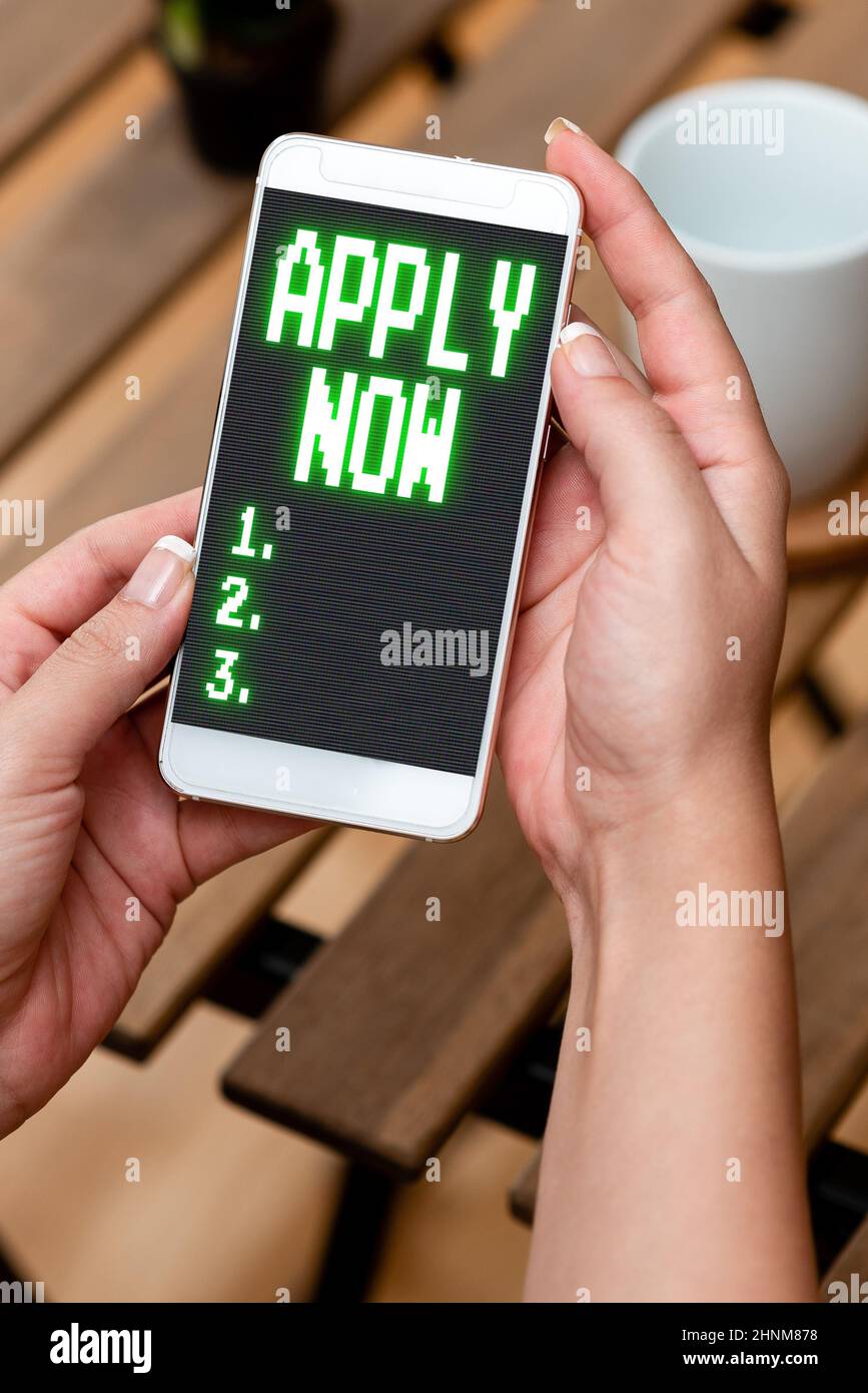 Hand writing sign Apply Now, Business approach request something ...