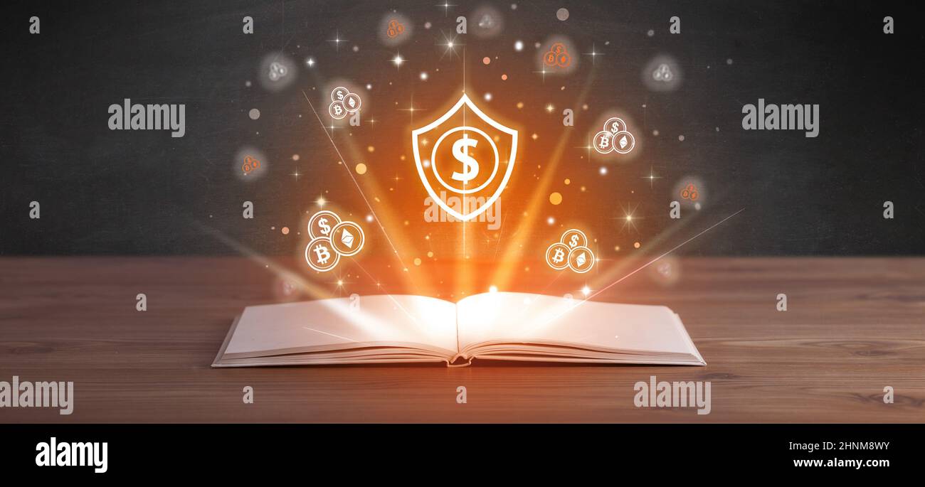 Open book with currency icons above Stock Photo - Alamy