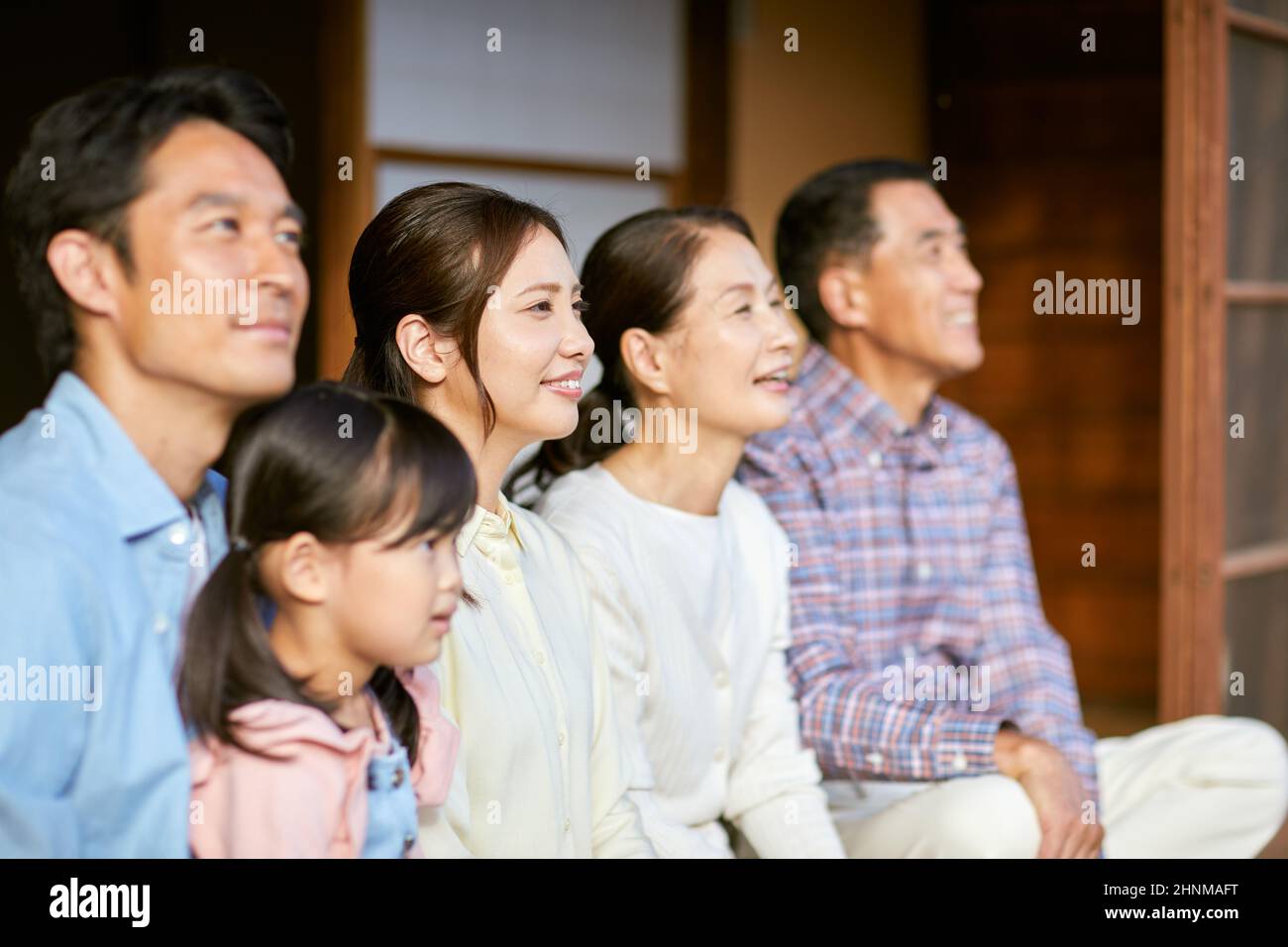 Three-Generations Japanese Family Sitting On The Porch Stock Photo - Alamy