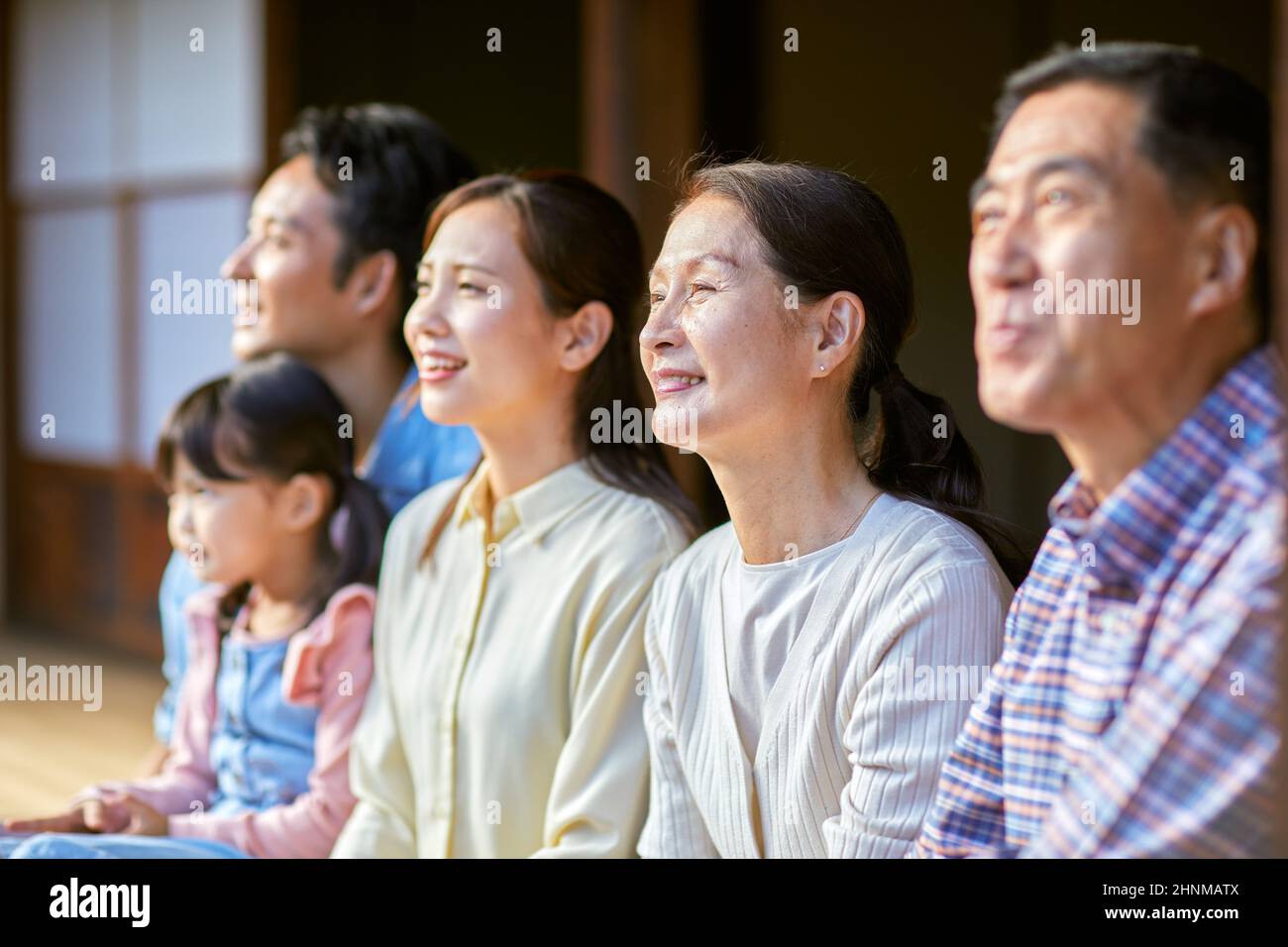 Three-Generations Japanese Family Sitting On The Porch Stock Photo - Alamy
