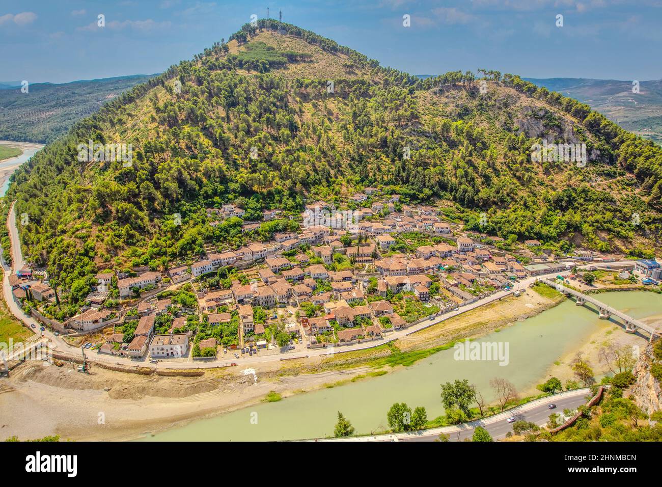 The Panorama of the historic city of Berat in Albania. Top view from ...