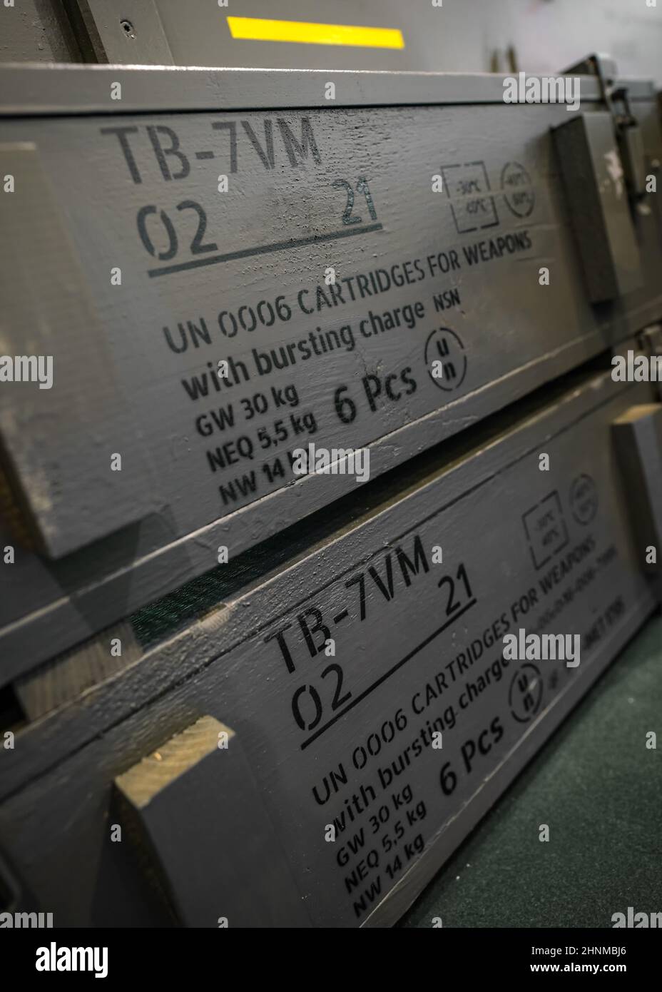 Wooden army boxes with heavy anti tank grenades ammunition, closeup ...