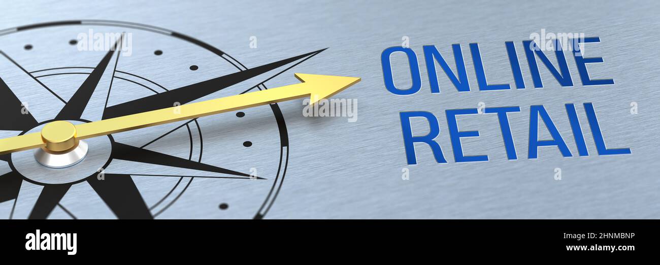 Compass needle pointing to the words Online Retail - 3d rendering Stock ...