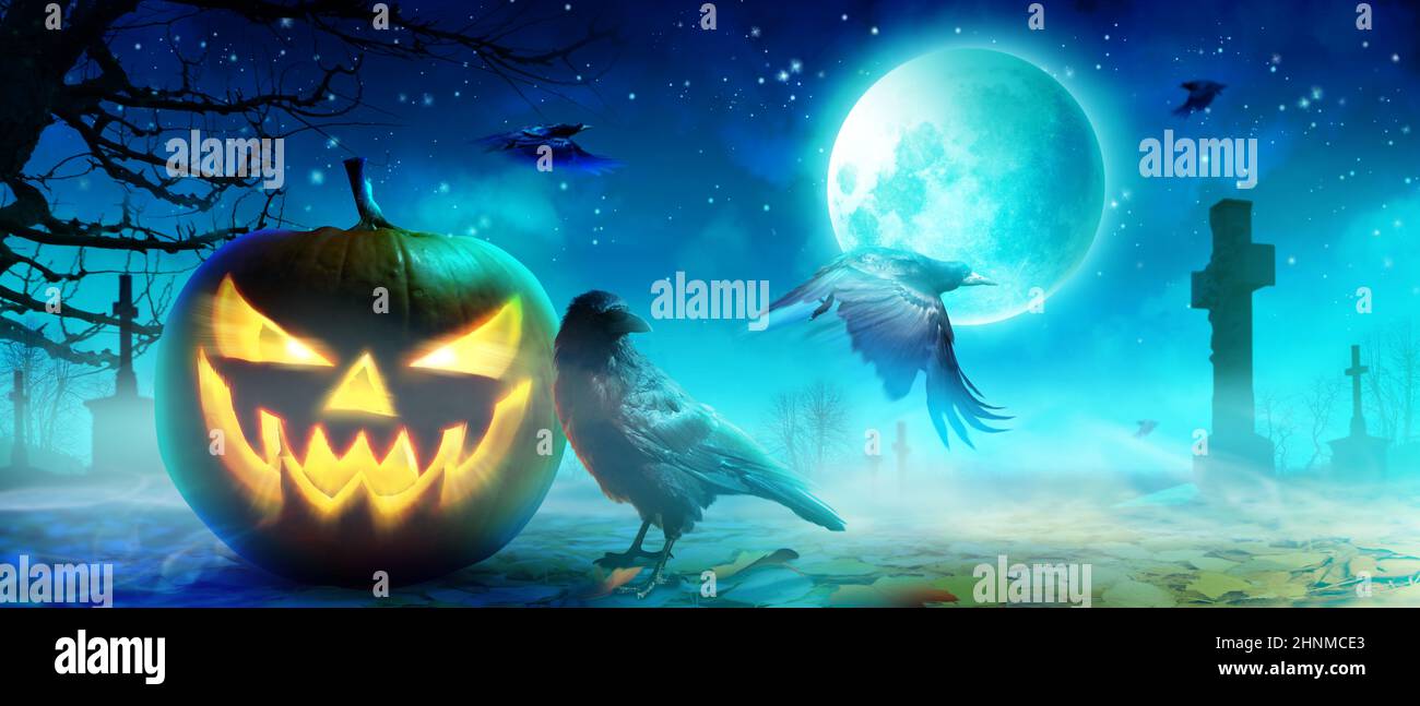 Halloween background with raven in a spooky night Stock Photo - Alamy