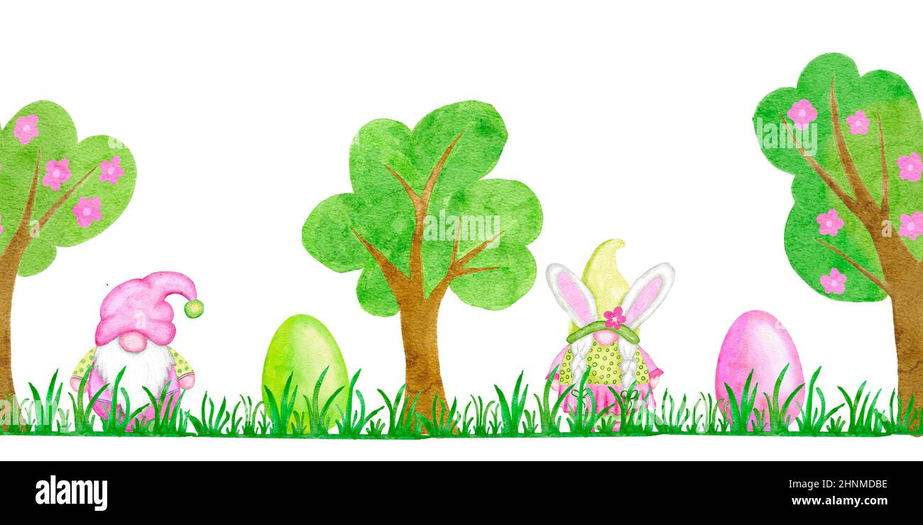Seamless watercolor hand drawn horizontal borders with Easter eggs ...
