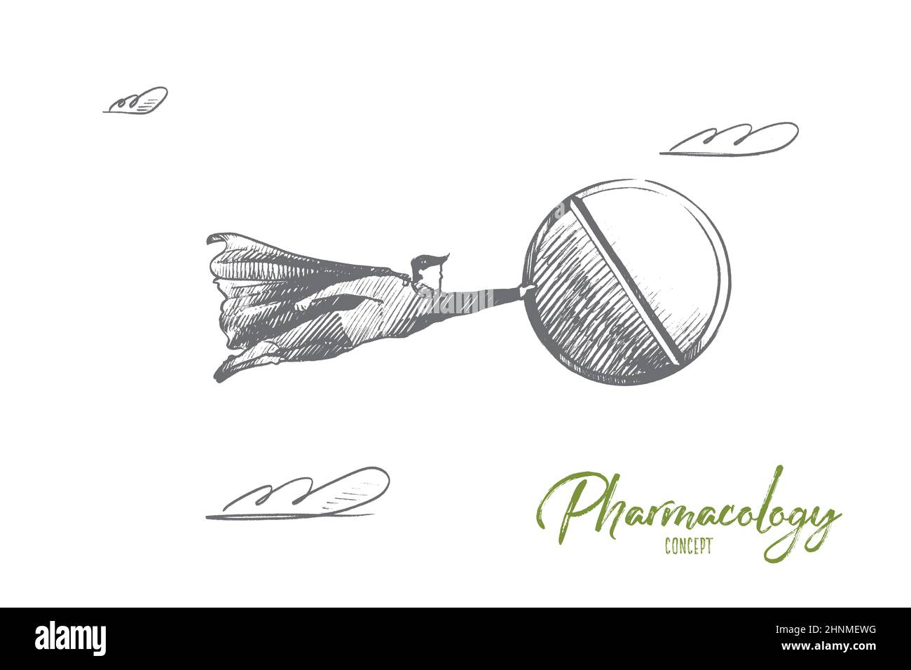 Pharmacology concept. Hand drawn superhero with giant pill. Flying man ...