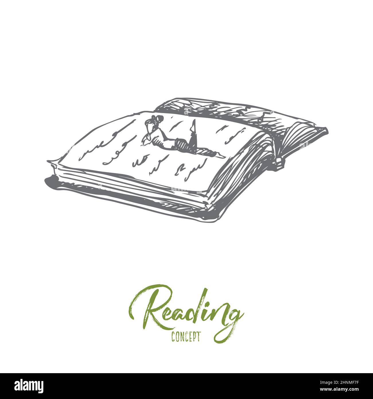 Book, education, person, reading concept. Hand drawn lies on giant book ...