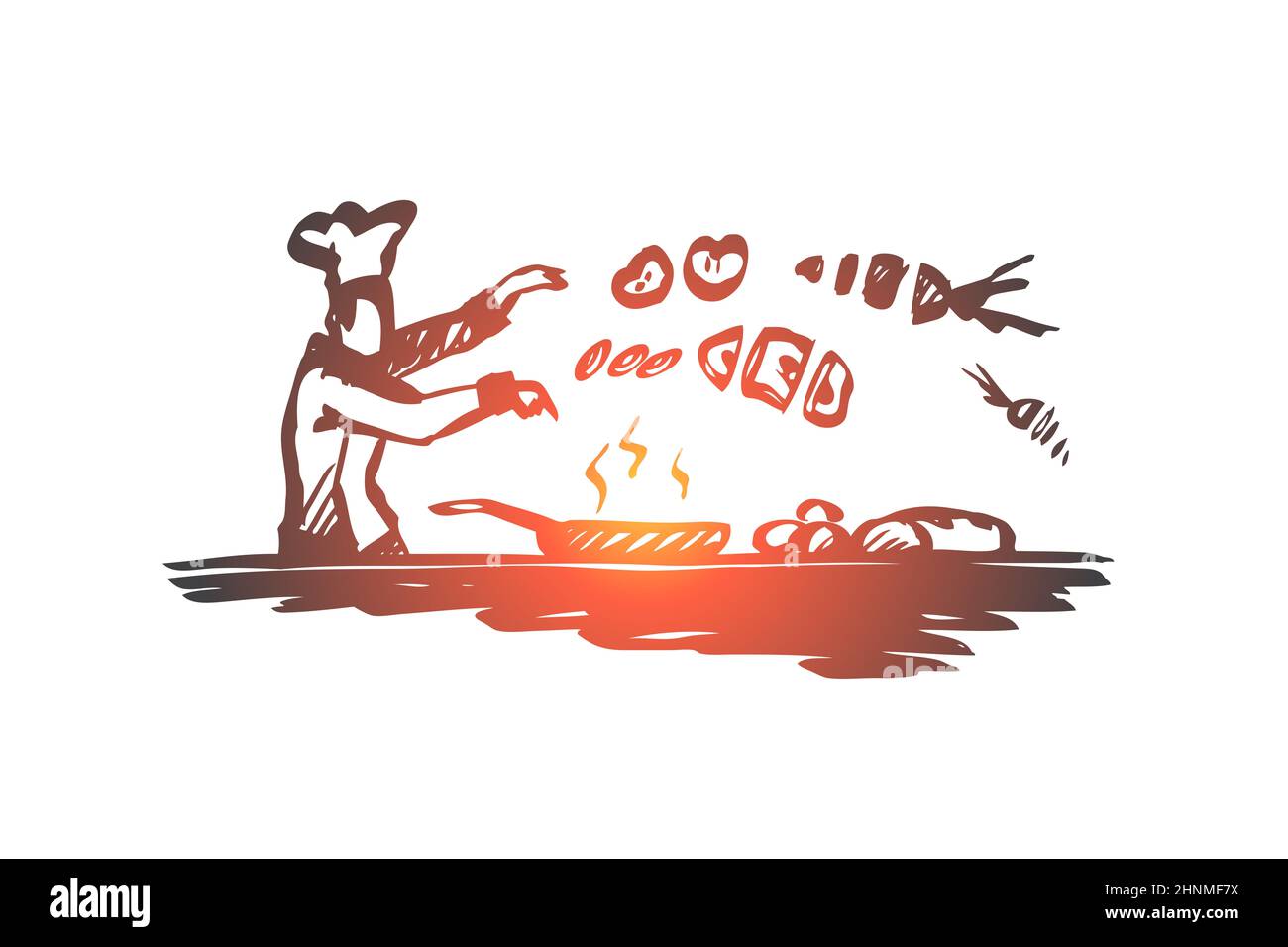 Cooking, chef, food, dish concept. Hand drawn chef cooking a delicious ...