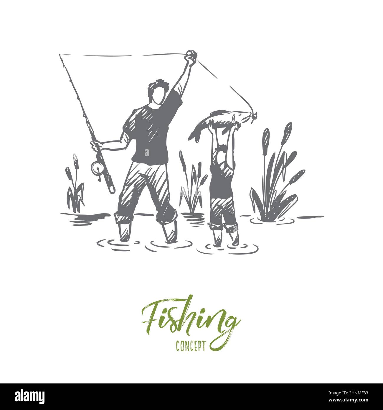 Fishing, father, son, family concept. Hand drawn dad and his son ...