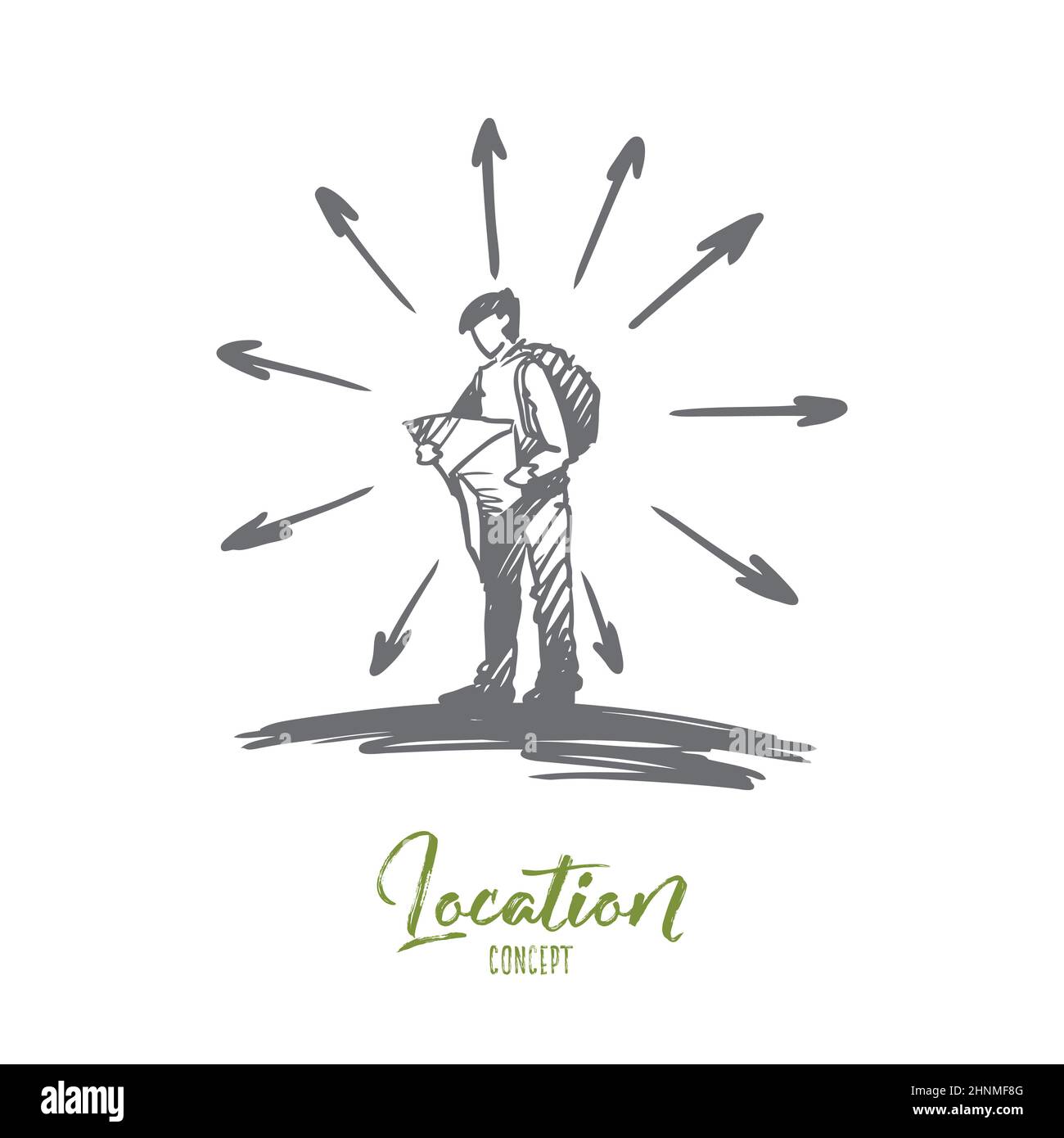 Navigation, location, map, road, travel concept. Hand drawn man with ...