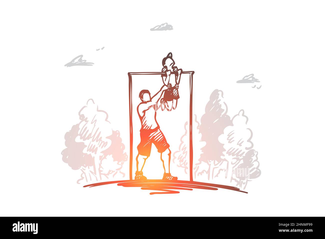 Father, son, family, exercise, sport concept. Hand drawn father helps ...