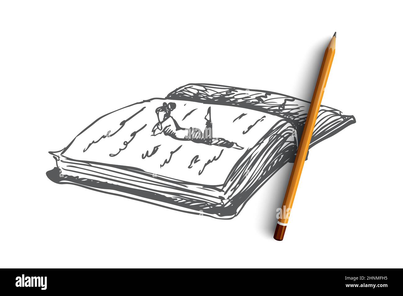 Book, education, person, reading concept. Hand drawn lies on giant book ...