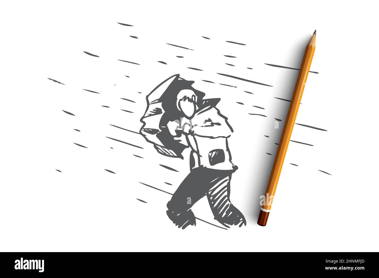 Obstacles, difficulties, problems concept. Hand drawn man with umbrella ...