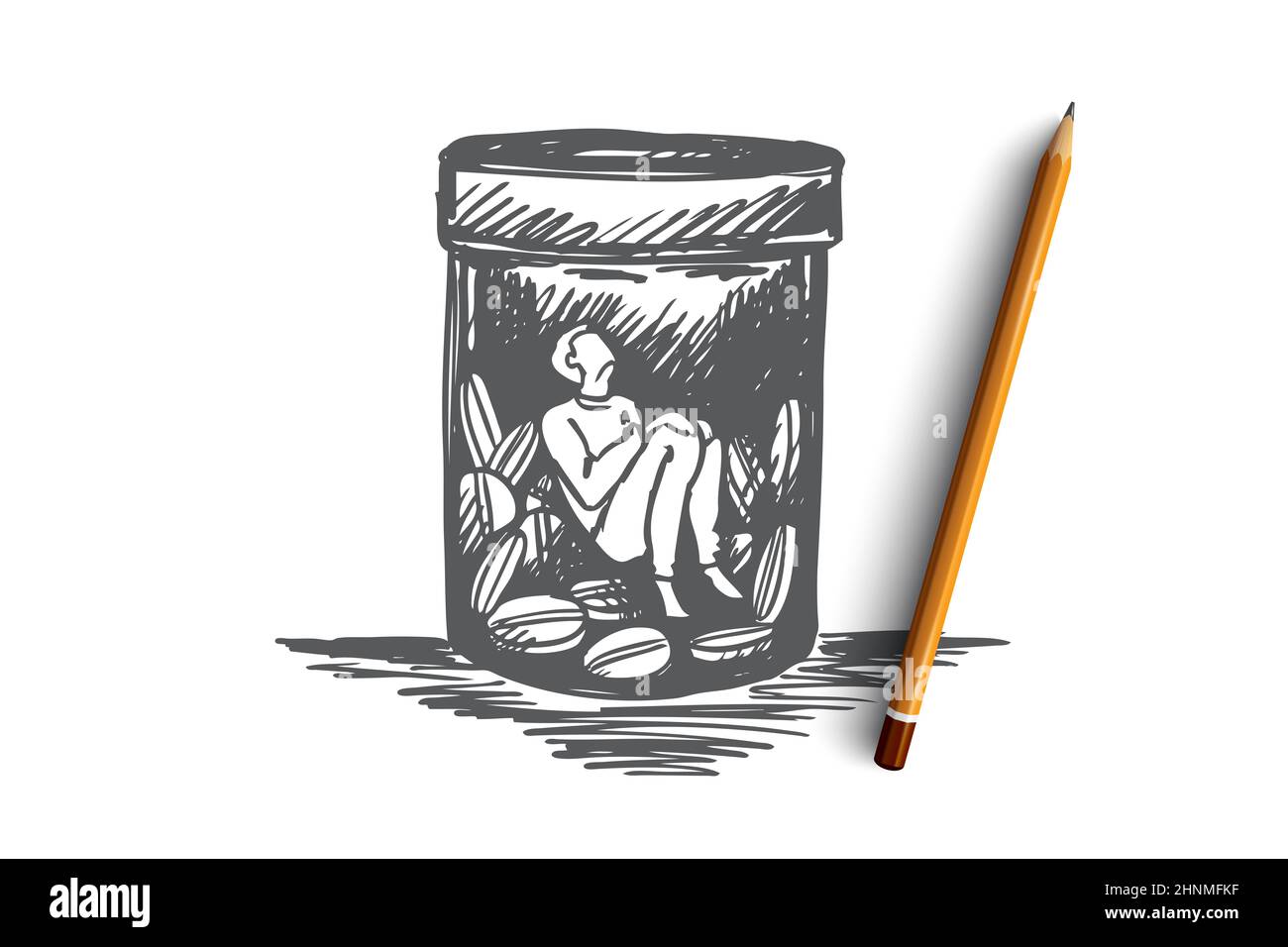Painkiller, addiction, drugs, disease concept. Hand drawn man sitting ...