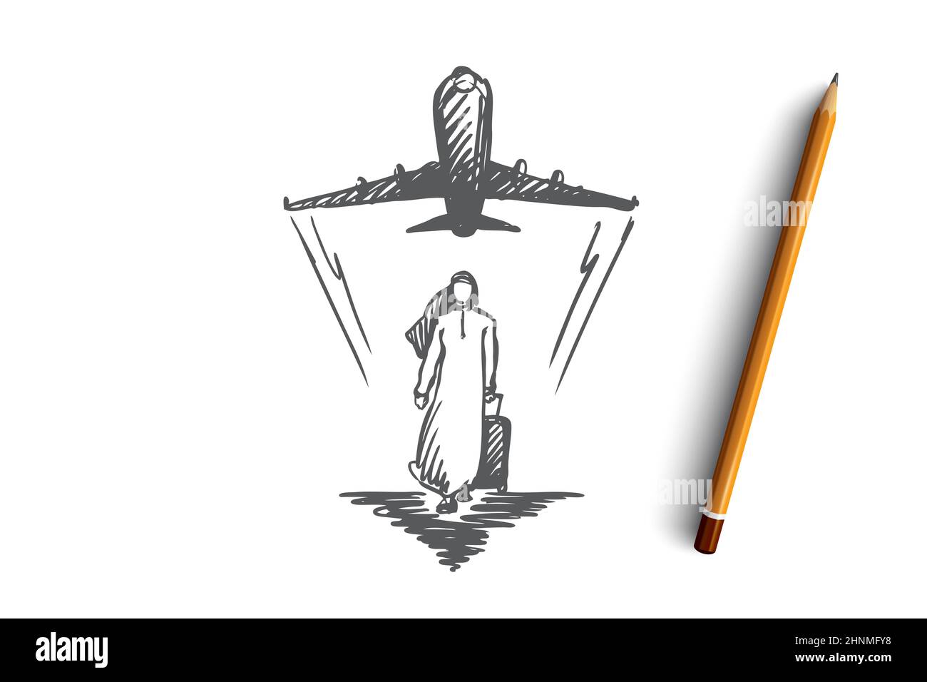 Business trip, businessman, muslim, islamic, arab concept. Hand drawn ...