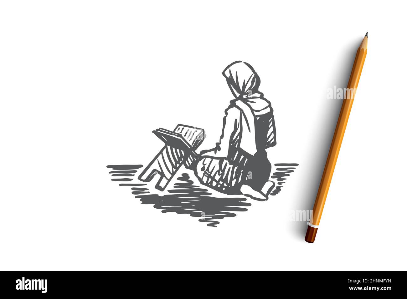 Muslim, islam, religion, arab, girl, koran, prayer concept. Hand drawn ...