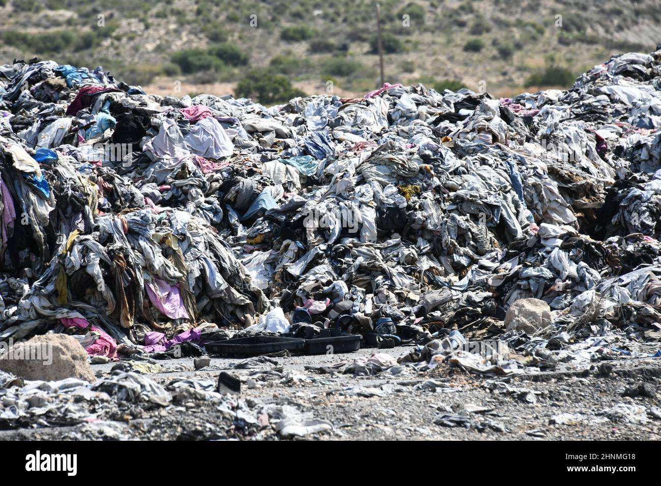 Burnt clothes on a bin in the province of Alicante, Costa Blanca, Spain ...